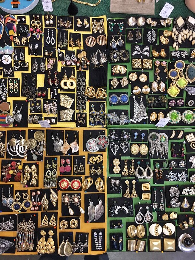 A jewelry vendor's display becomes an archaeological dig through fashion history—each piece telling stories of decades past.
