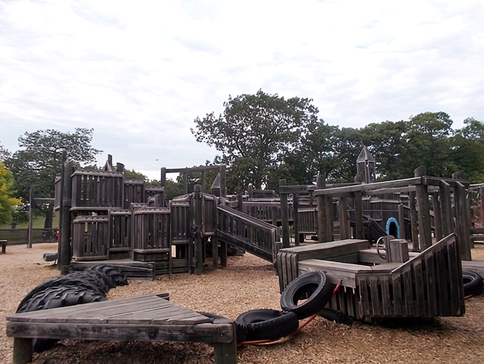 This wooden playground fortress isn't just for kids—it's where imagination still trumps screen time and where Band-Aids are badges of adventure.