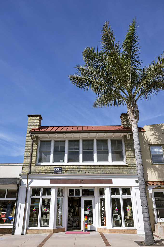 Behind those palm-framed windows at Lumen Gallery, local artistry awaits – proving beauty in Capitola extends far beyond its famous beaches.