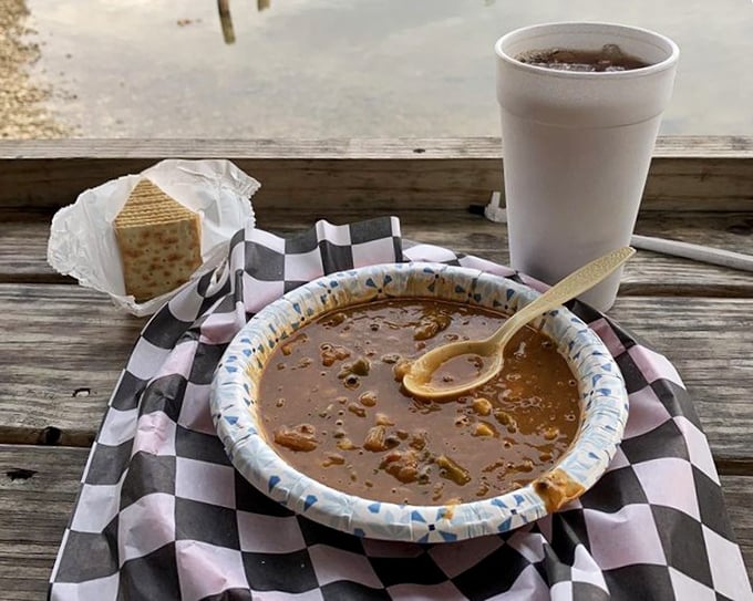 A bowl of gumbo with the kind of depth that makes you suspect someone's grandmother is secretly working in the kitchen.