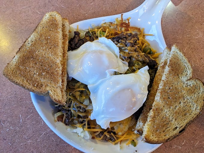 Breakfast skillets that make you understand why farmers wake up so early—they're just excited about breakfast. Those eggs are having the best day ever.
