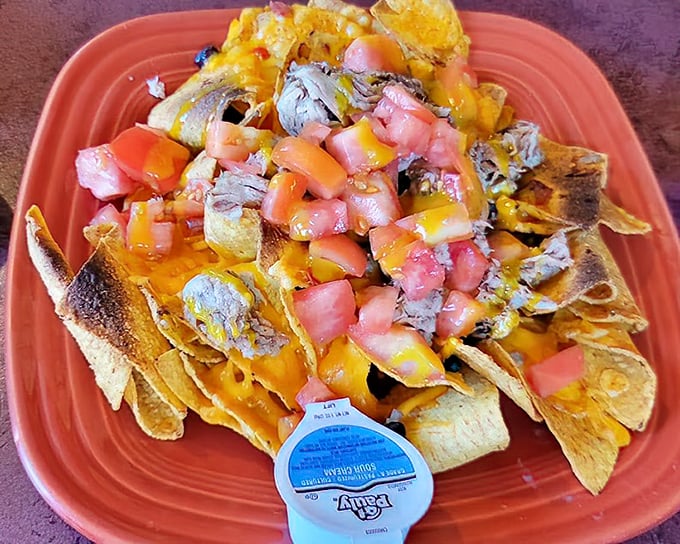 Nachos that solve the eternal problem of topping distribution—every chip gets its fair share of melty cheese, brisket, and fresh tomatoes.