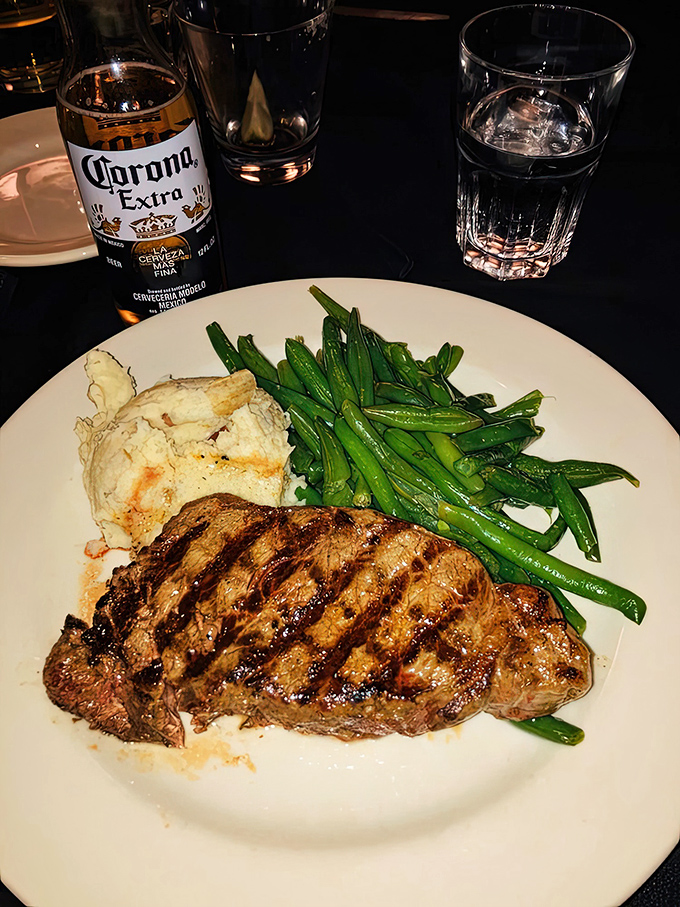 This New York strip steak with green beans and mashed potatoes isn't just dinner—it's what other meals aspire to be when they grow up.