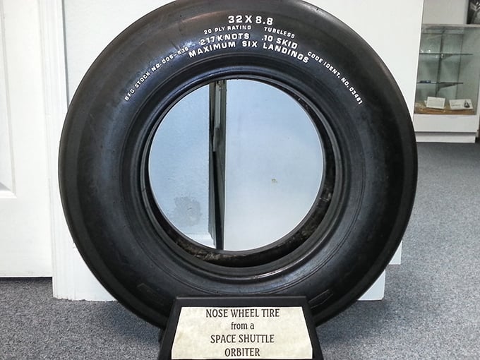 The ultimate spare tire that never goes flat. This Space Shuttle nose wheel carried astronauts safely back to Earth—talk about pressure-filled performance!