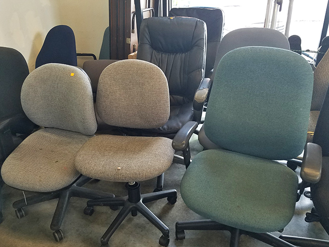 The office chair collection: where corporate cast-offs wait for their work-from-home redemption story to begin.