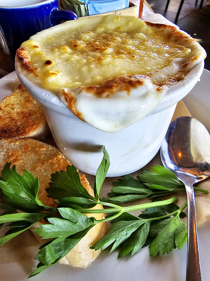 This isn't just onion soup—it's a warm hug in a bowl, with a cheese blanket tucked in for good measure.