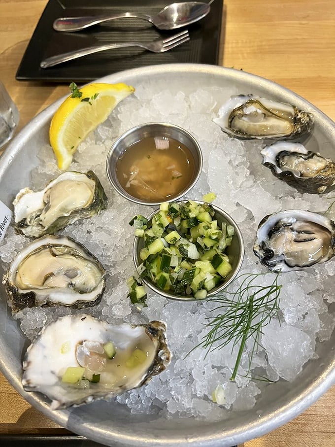 Oysters on ice—nature's perfect appetizer. These briny jewels with their cucumber mignonette are like tasting the ocean's essence, minus the sand in your swimsuit.