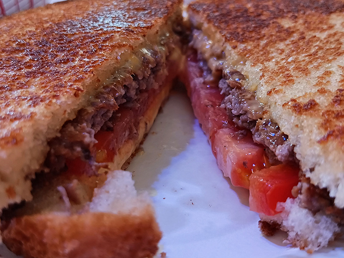 The patty melt reveals its glorious cross-section—perfectly grilled bread giving way to seasoned beef and melted cheese in a harmony that needs no explanation.