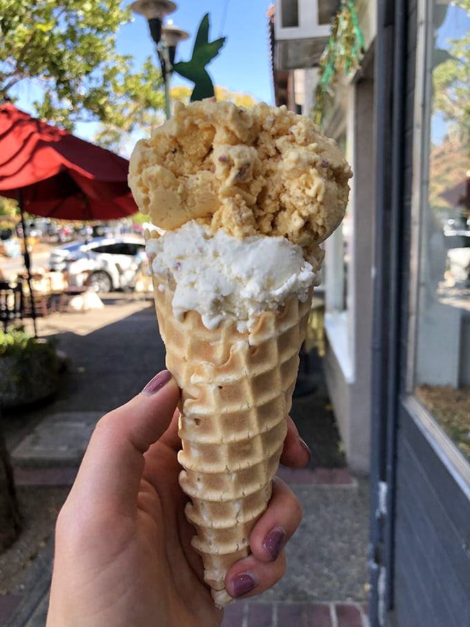 The waffle bowl: civilization's greatest achievement since the wheel. This one cradles vanilla like it's holding liquid gold.