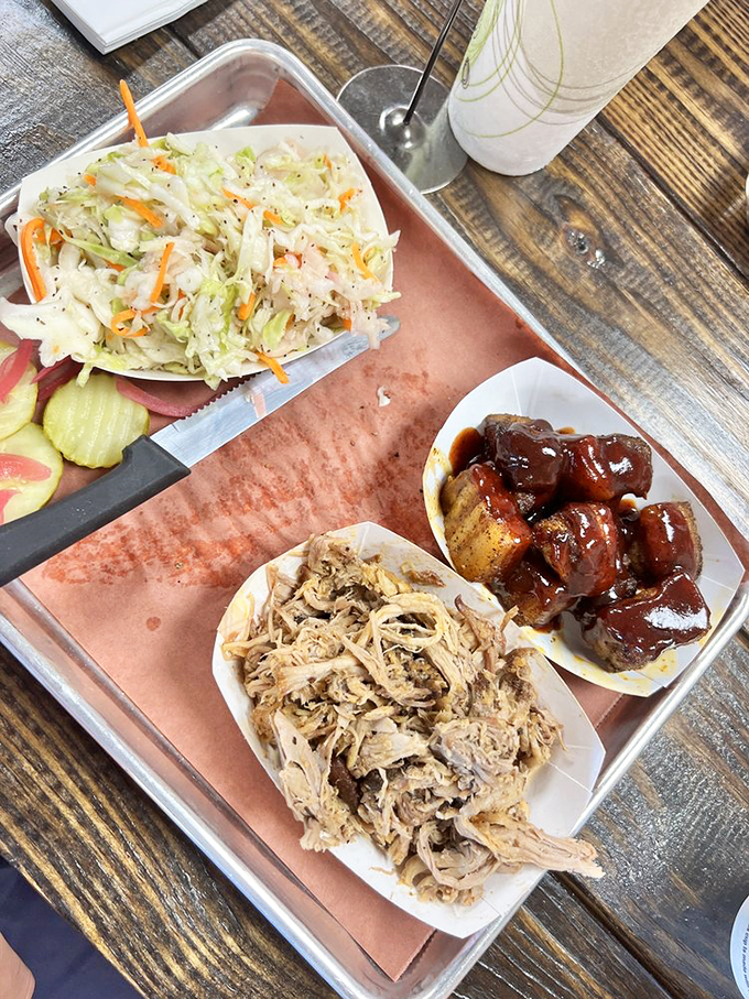 Pork belly burnt ends that would make a vegetarian weep with temptation. Paired with coleslaw that cuts through the richness perfectly.