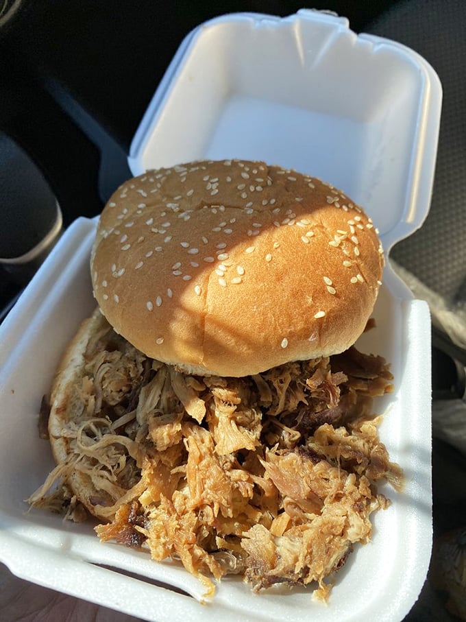 The pulled pork sandwich—where tender strands of smoky pork gather for a reunion tour on a perfectly toasted bun.