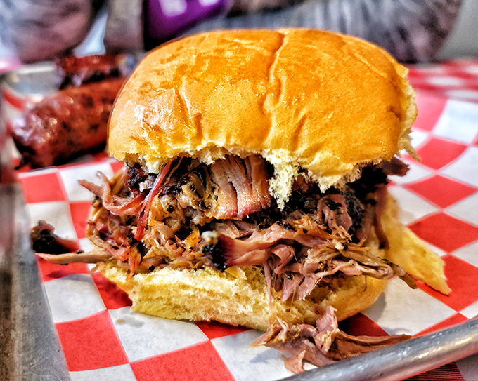Pulled pork piled high on a golden bun – this sandwich could end arguments and start new friendships.