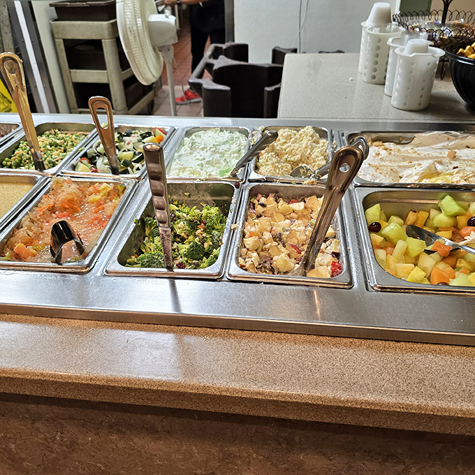 The legendary salad bar in all its glory – a rainbow of fresh options that puts most restaurant salad bars to shame.