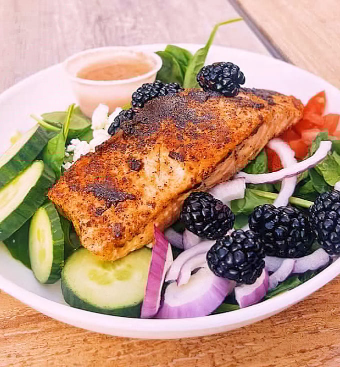 A salmon salad that makes eating healthy feel like cheating—the blackberries are just showing off at this point.