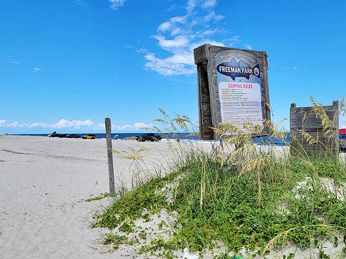 The sign says "rules," but what it really means is "here's how to enjoy paradise responsibly." Worth reading before parking your beach chariot.