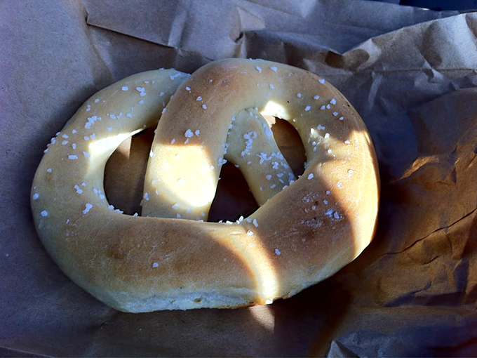 The humble soft pretzel elevated to art form – pillowy inside, golden outside, with salt crystals catching the light like tiny edible diamonds.