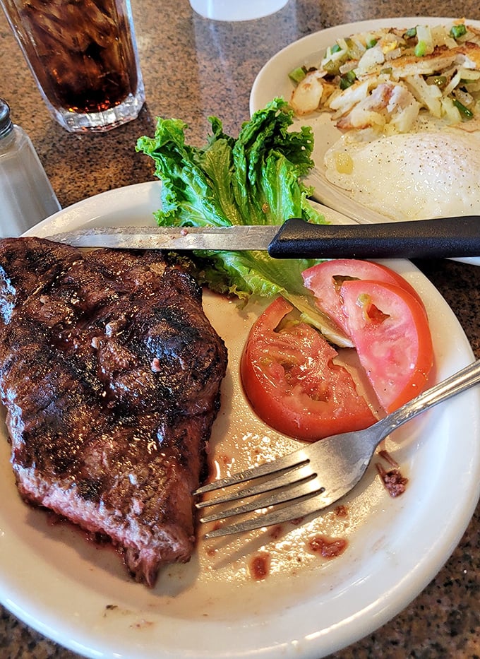 A steak that doesn't need a fancy steakhouse to shine. Simple, honest, and cooked exactly how you asked—the unicorn of diner experiences.