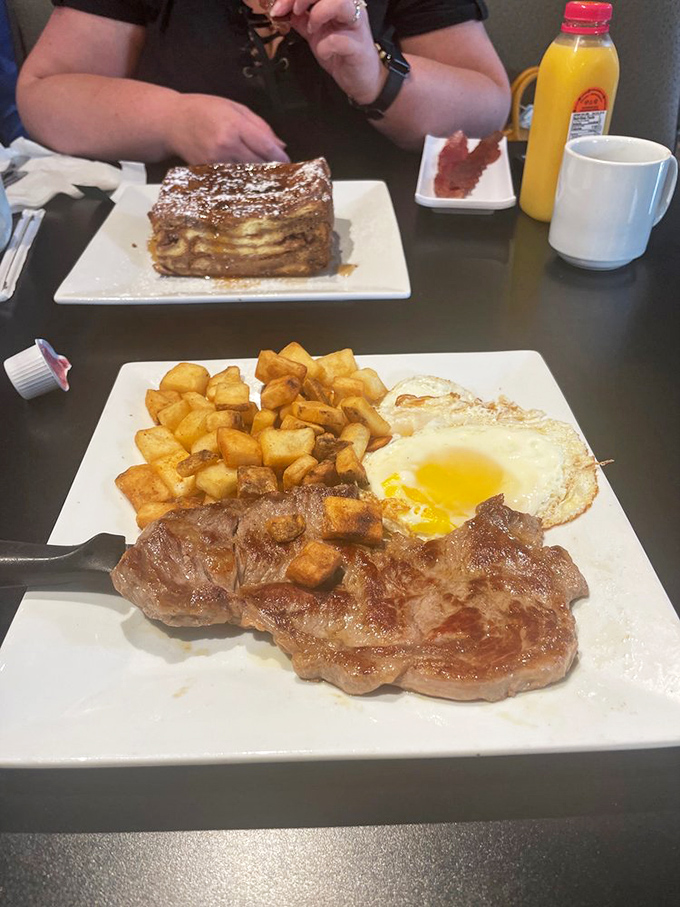 When breakfast meets dinner, magic happens. This steak and eggs plate with golden home fries is the kind of meal that fuels adventures—or naps.