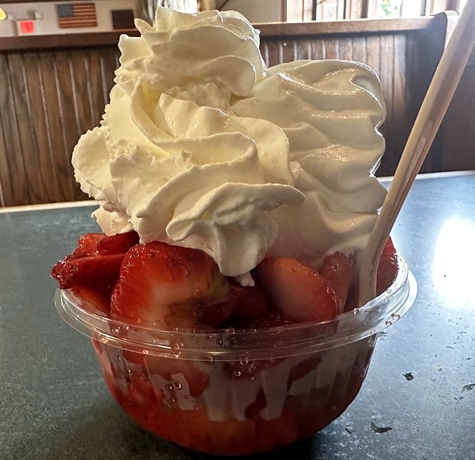 The strawberry shortcake that launched a thousand road trips. That cloud of whipped cream isn't just topping—it's the exclamation point.
