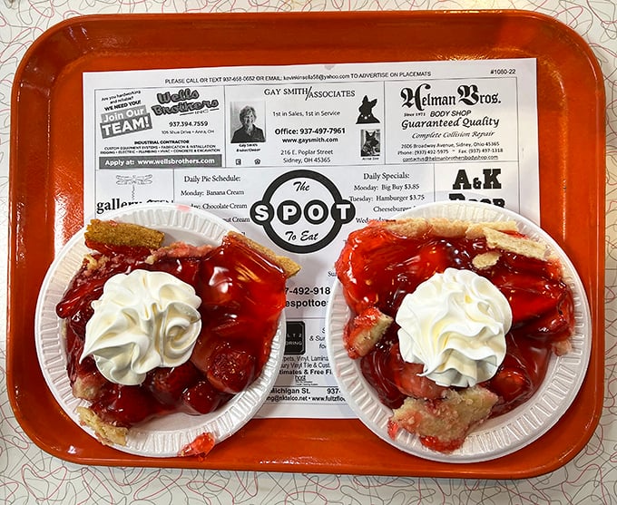 Twin slices of strawberry pie topped with clouds of whipped cream—proof that sometimes the best things in life come in pairs.