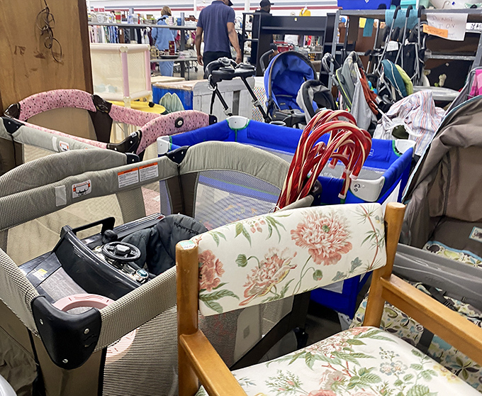 The baby gear graveyard: where nearly-new Pack 'n Plays and barely-used strollers await families who understand that infants don't care about retail prices.