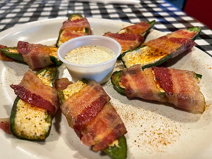 Bacon-wrapped jalapeños with ranch dipping sauce—proof that sometimes the best relationships are the ones that hurt you a little.