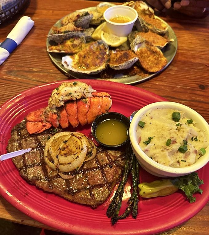 Surf meets turf in a romance more satisfying than any Hollywood ending—that lobster tail isn't just food, it's a celebration.