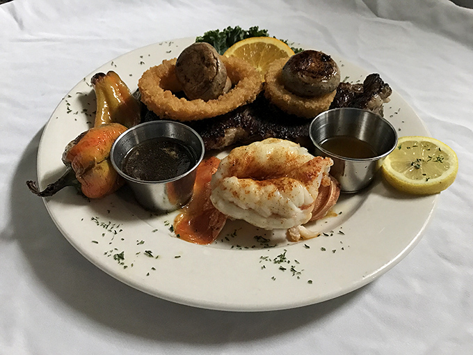 The surf and turf platter – where land meets sea in perfect harmony. Those mushroom caps are the unsung heroes of this protein paradise.
