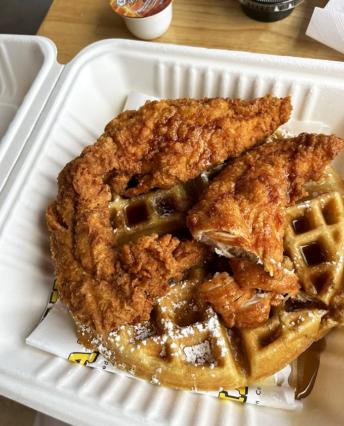 The ultimate southern power couple: crispy chicken and fluffy waffles. It's breakfast, it's dinner, it's whatever meal you want it to be—and it's absolutely magnificent.