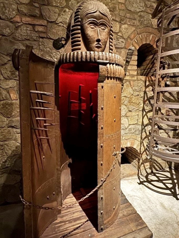 The iron maiden display proves that medieval torture devices and fine wine share something in common—they both leave a lasting impression.