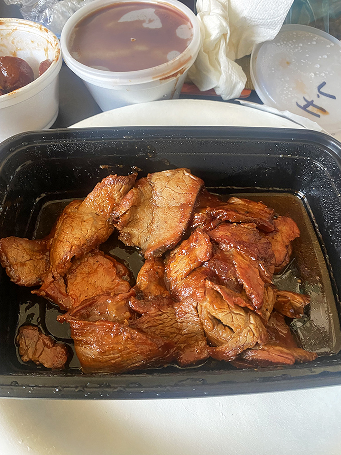 Tri-tip bathing in its own juices like it's at a meaty spa. The tenderness here isn't optional—it's mandatory.