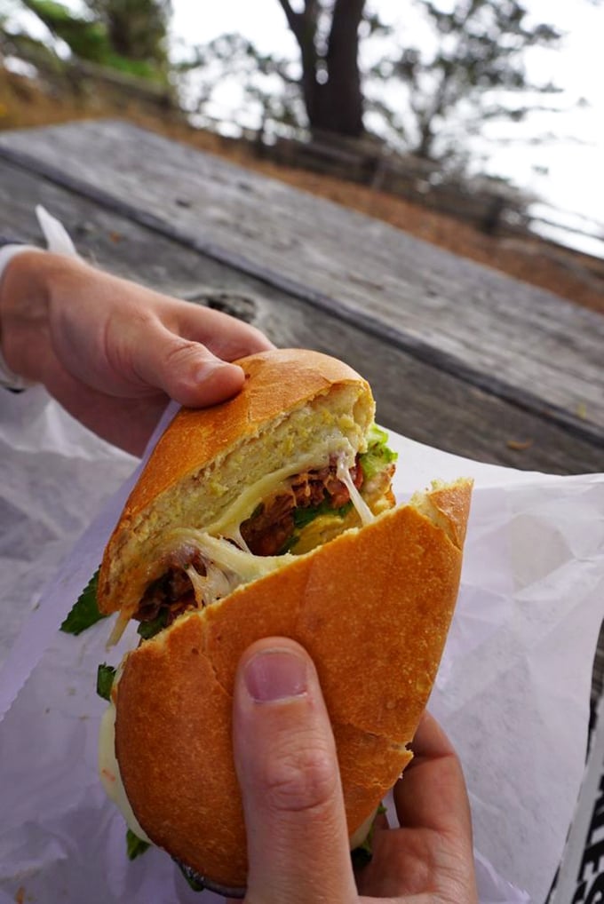 The tri-tip sandwich demonstrates California's love affair with perfectly seasoned beef, served on bread that complements rather than competes. 