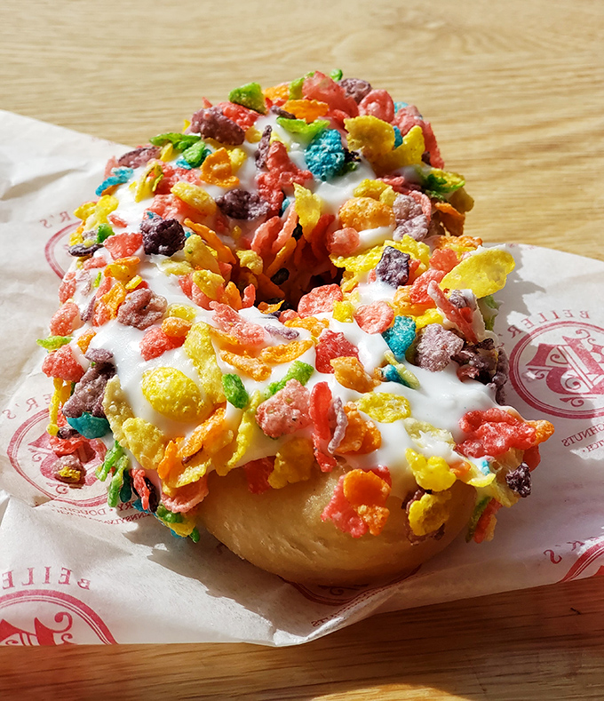 This fruity pebble-topped creation isn't just a donut—it's breakfast cereal's glamorous second act. Childhood nostalgia never tasted so good.