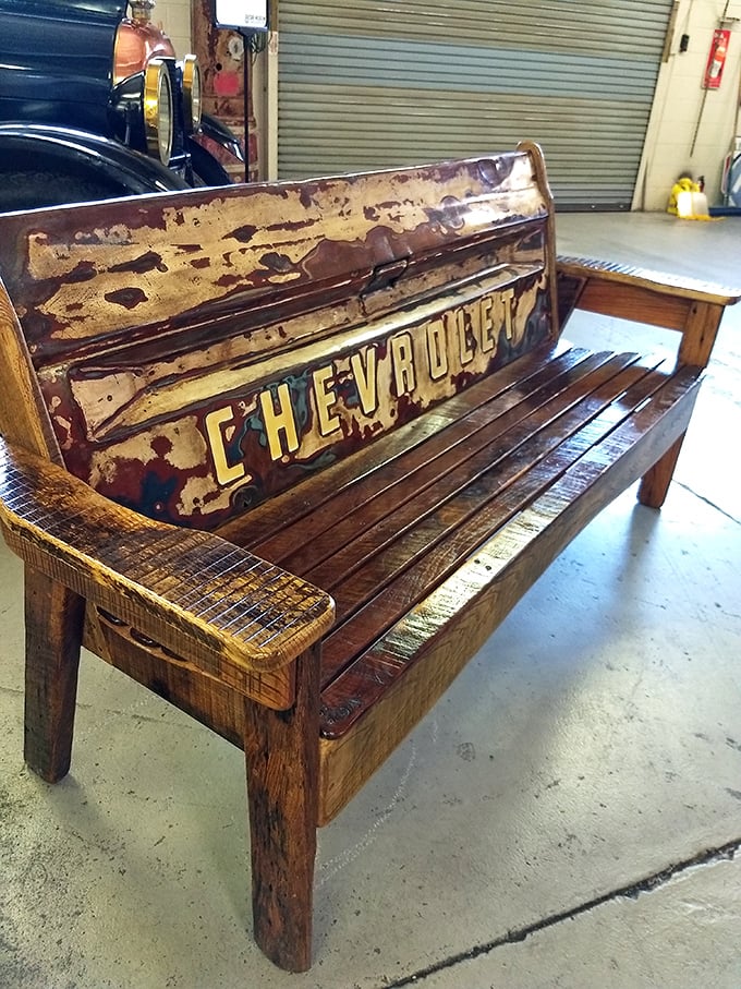 Even the furniture has automotive DNA here – this Chevrolet tailgate bench seats nostalgia perfectly every time.