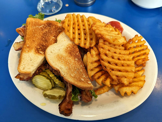 The BLT sandwich with waffle fries—because sometimes lunch should look like it's wearing a tuxedo. Those crispy ridges are nature's ketchup holders.