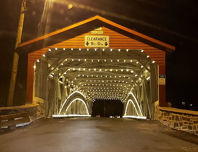 By night, the bridge transforms into a magical passage. Those string lights weren't in the original 1841 blueprints, but they sure add a nice touch.