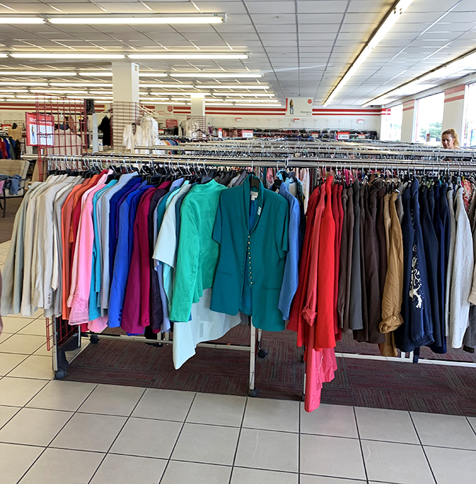 The women's section bursts with color! That turquoise blazer might be the statement piece your wardrobe has been missing all along.