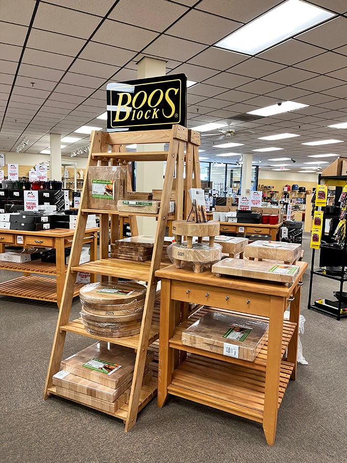 Boos Blocks display—where cutting boards transcend utility to become family heirlooms. Charcuterie has never had a more worthy stage.