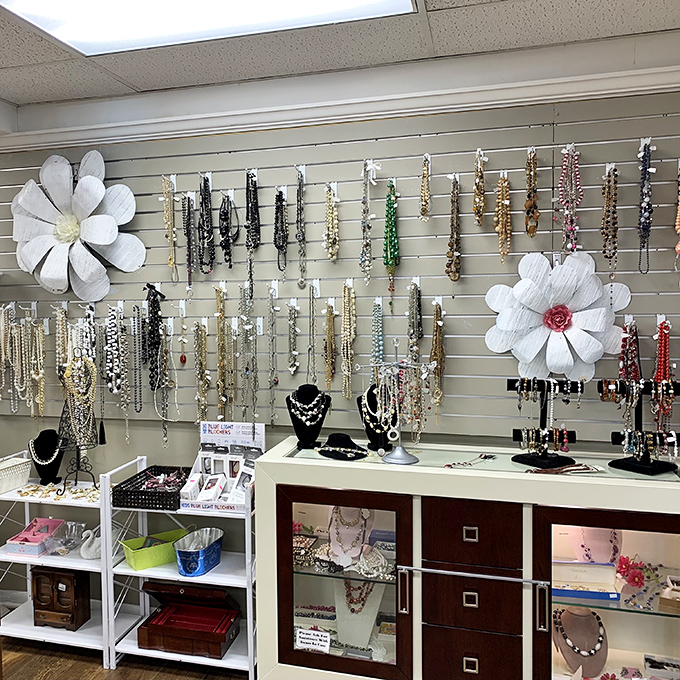 The jewelry display that makes you wonder: did someone's glamorous grandmother clean out her collection? Sparkle without the splurge.