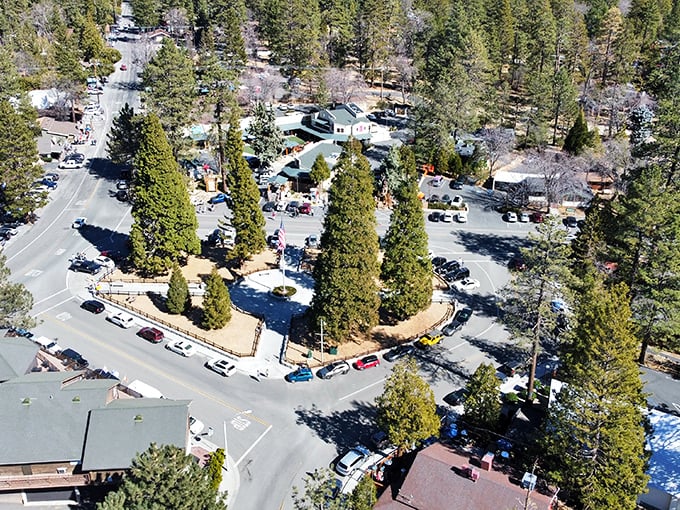 Downtown Idyllwild from above – where cars look like toys and every road leads to another postcard-worthy adventure.
