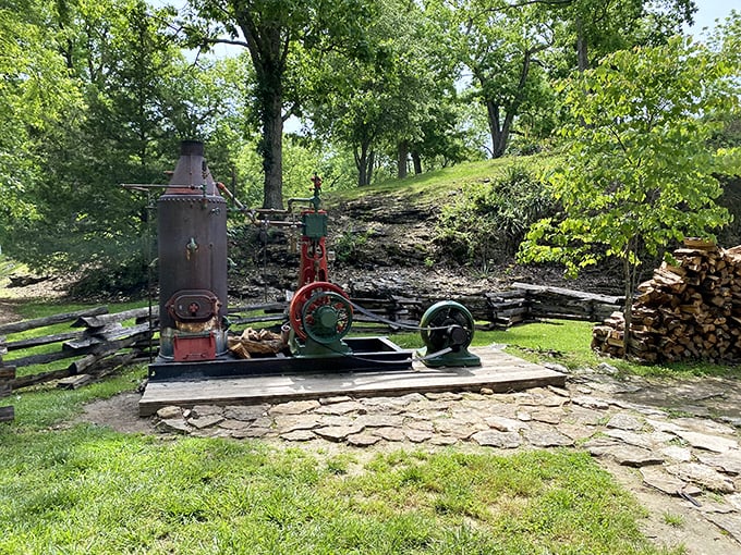 Industrial poetry in metal and rust. This antique machinery once played a vital role in the cavern's operations—the unsung hero of underground exploration.