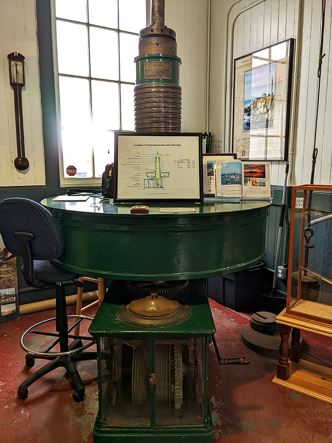 The lighthouse keeper's office: where maritime technology meets old-school craftsmanship. No email notifications, just the steady rhythm of the sea.
