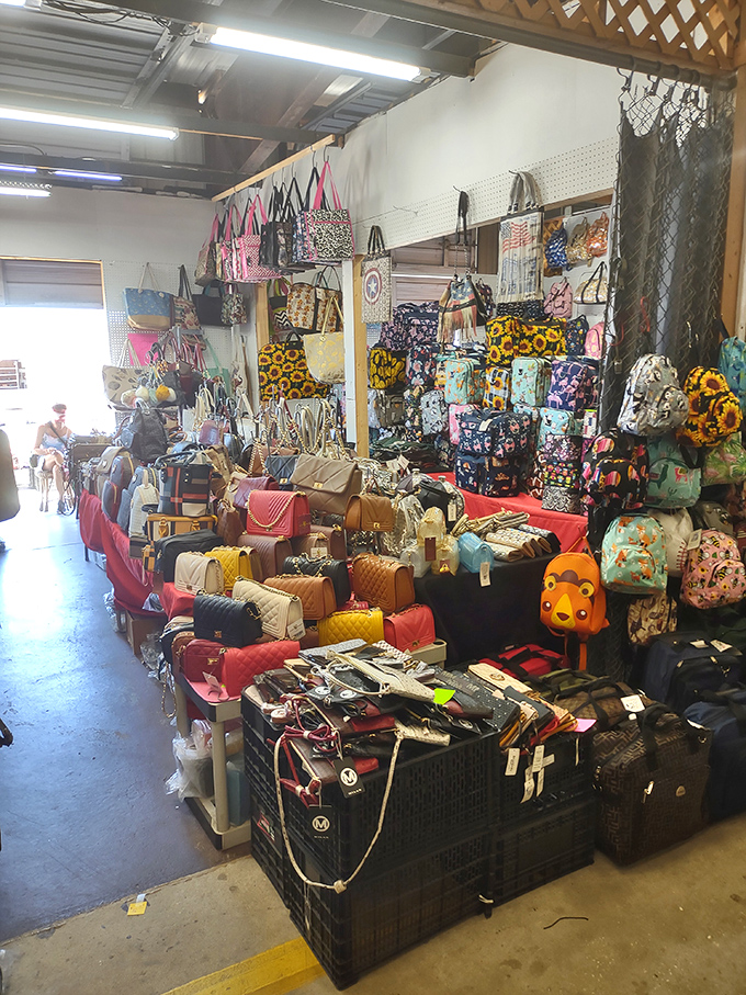 Handbags and treasures piled high, each one holding secrets and possibly forgotten grocery lists.