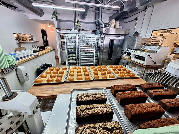 Behind the scenes where the magic happens – trays of golden dough waiting to fulfill their destiny as vehicles for your morning happiness.