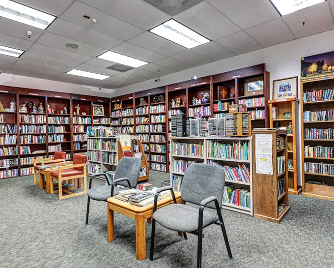 The reading nook we all wish we had at home—comfortable chairs surrounded by thousands of stories waiting to be discovered.