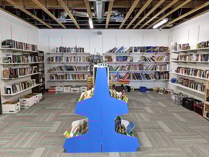 The book section rivals small libraries, with blue display stands creating islands of literary possibility in a sea of potential reads.