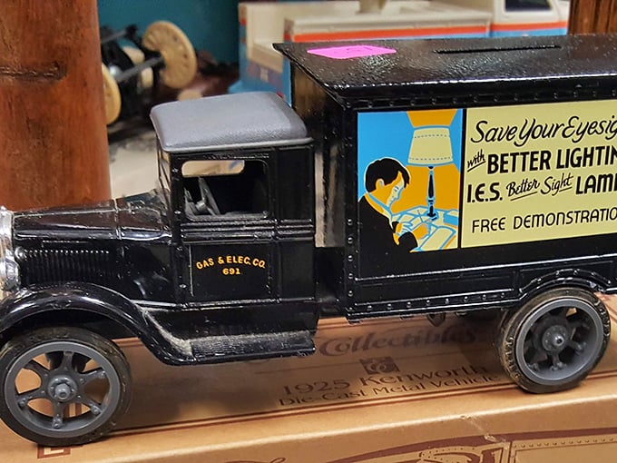 This vintage toy truck advertises better lighting for better eyesight. Ironically, you'll need good eyes to appreciate its miniature details!
