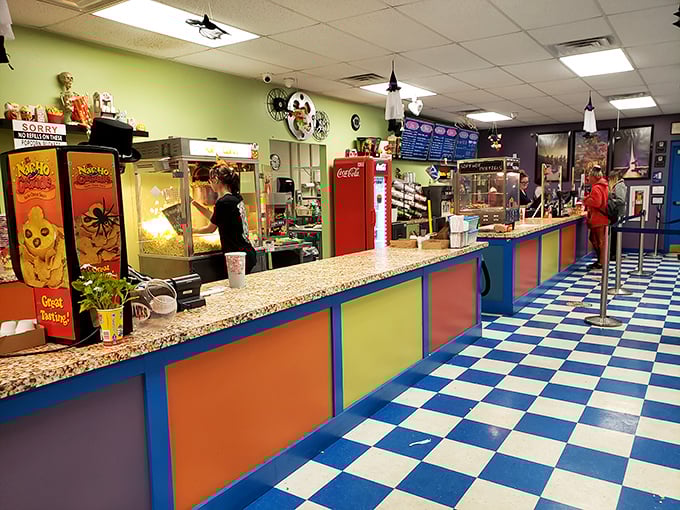 Concession stand heaven with its checkerboard floor and rainbow-colored counter. Where movie snacks aren't just food—they're supporting characters in your evening's story.