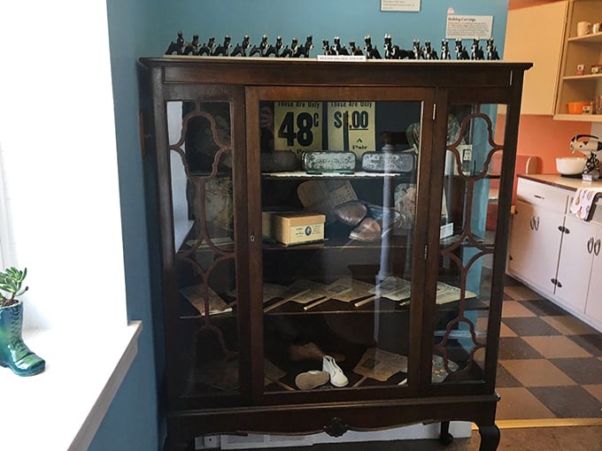 A treasure trove of shoe history behind glass. These vintage footwear displays give new meaning to "walking through the past."