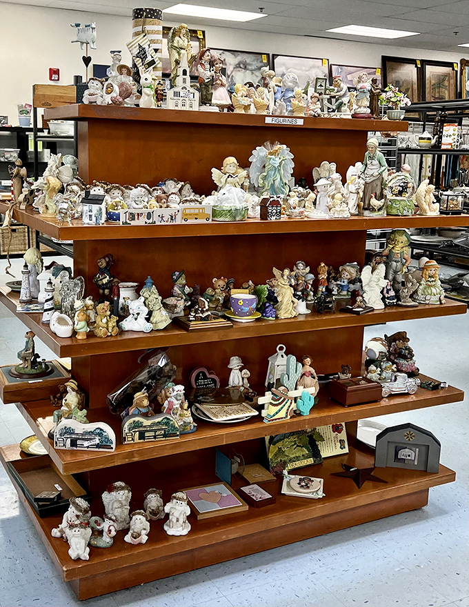 An army of figurines stands at attention, like a tiny ceramic version of terra-cotta warriors guarding the afterlife of home decor.
